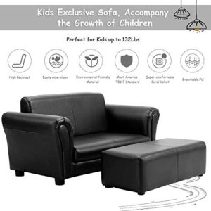 Costzon Kids Couch with Footstool, 2 in 1 Double Seat Children's Sofa w/PU Leather Surface, Armrest Chair Lounge for Preschool Bedroom Kids Room Toddlers Boys Girls Birthday (Black)