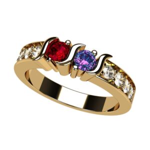 central diamond center s-bar w/sides couple's ring with his & hers simulated birthstones - 10k yellow gold - size 8