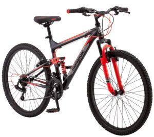 mongoose status 2.2 mountain bike for men and women, 26-inch wheels, 21-speed shifters, aluminum frame, front suspension, black/red