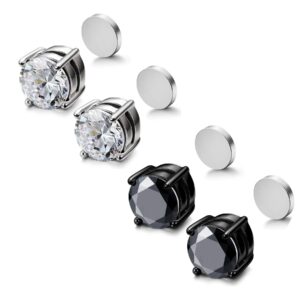 LOYALLOOK Stainless Steel Stud Earrings for Men Women Unisex Cubic Zirconia Inlaid 2 Pairs 8MM