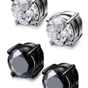 LOYALLOOK Stainless Steel Stud Earrings for Men Women Unisex Cubic Zirconia Inlaid 2 Pairs 8MM