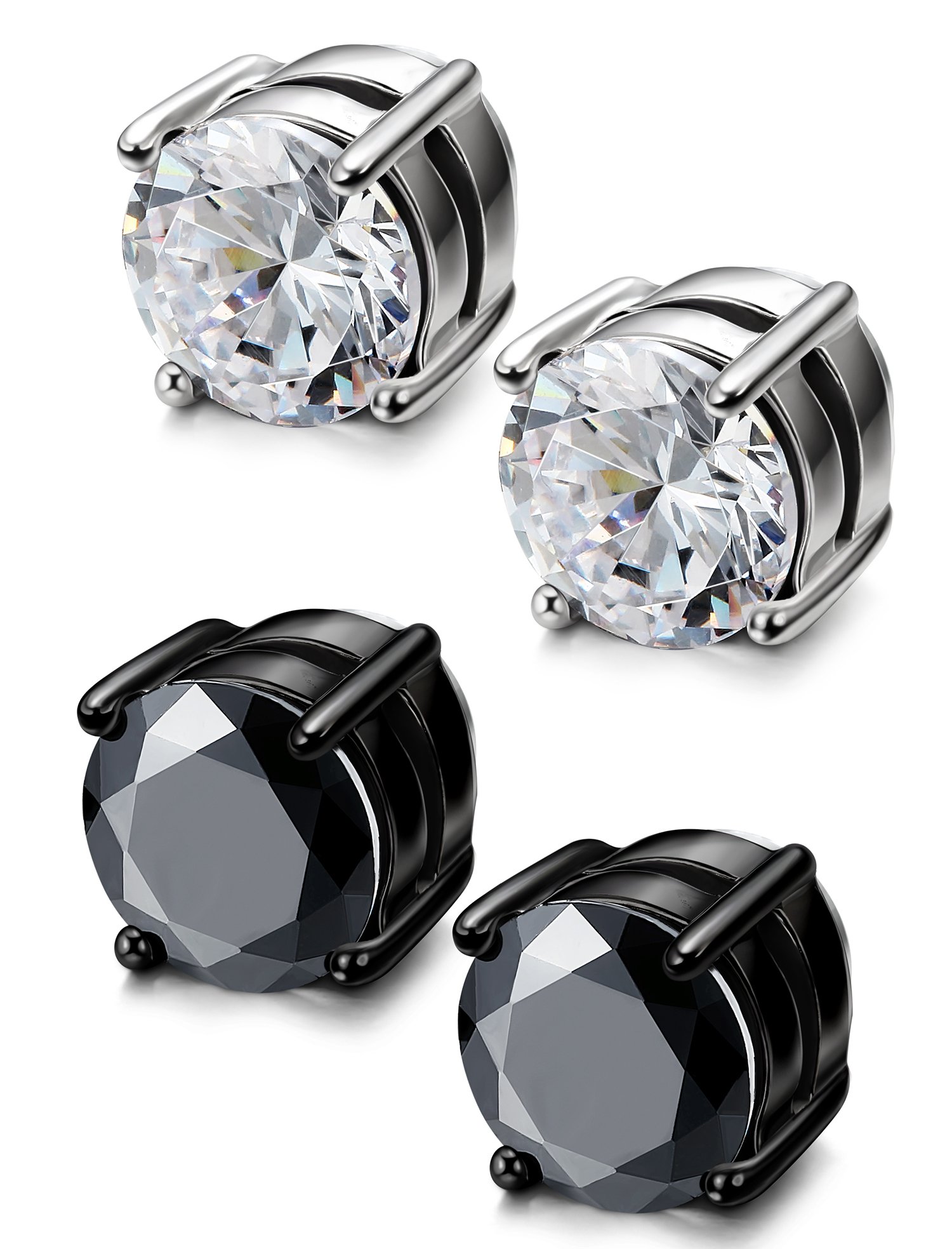 LOYALLOOK Stainless Steel Stud Earrings for Men Women Unisex Cubic Zirconia Inlaid 2 Pairs 8MM