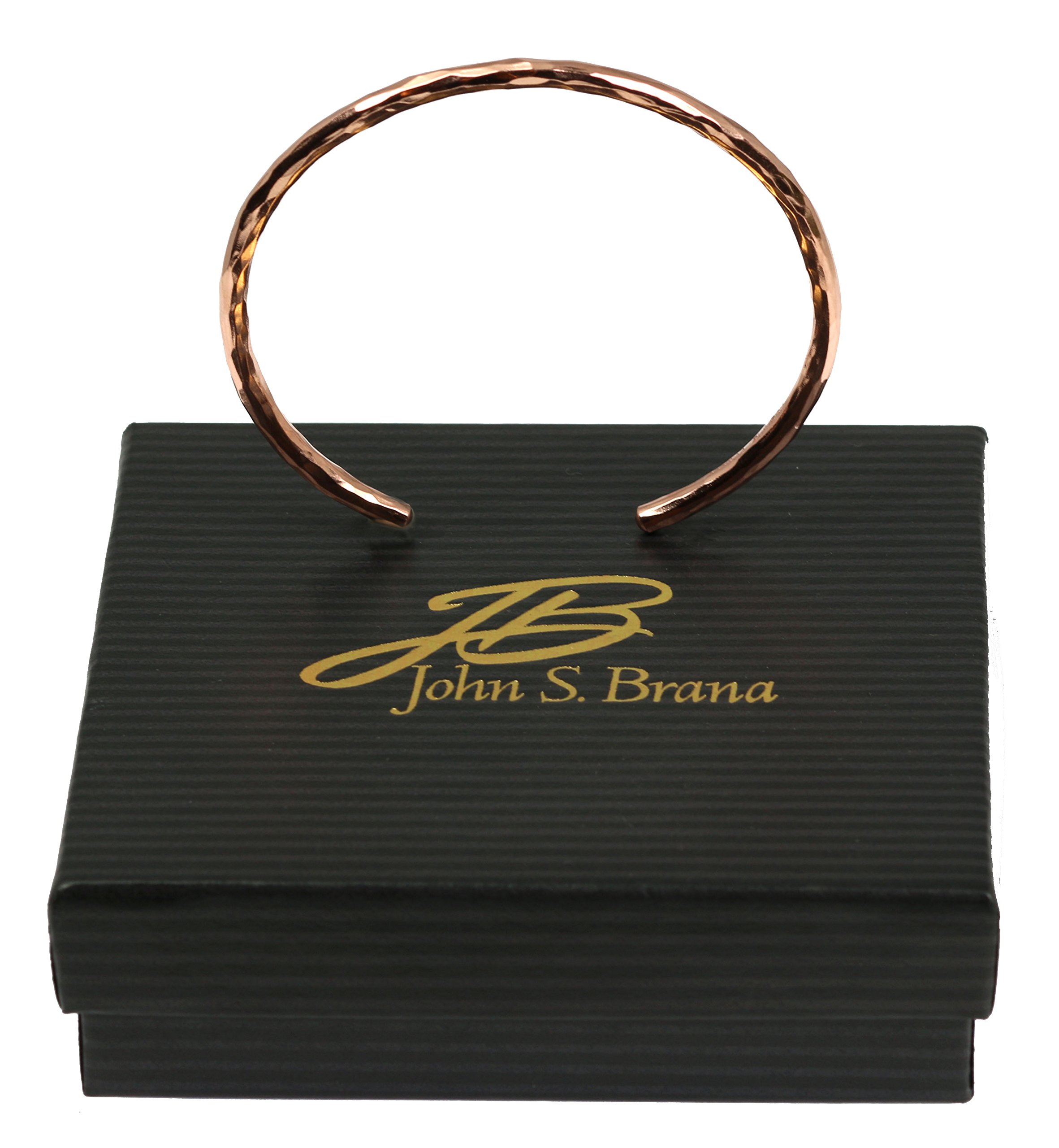 John S. Brana 3mm Hammered Copper Cuff Bracelet Handmade Jewelry - 100% Solid Uncoated Copper (6.5)