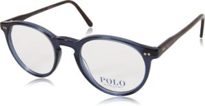 polo ralph lauren men's ph2083 round prescription eyewear frames, shiny transparent blue/demo lens, 48 mm