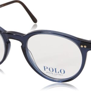 Polo Ralph Lauren Men's PH2083 Round Prescription Eyewear Frames, Shiny Transparent Blue/Demo Lens, 48 mm