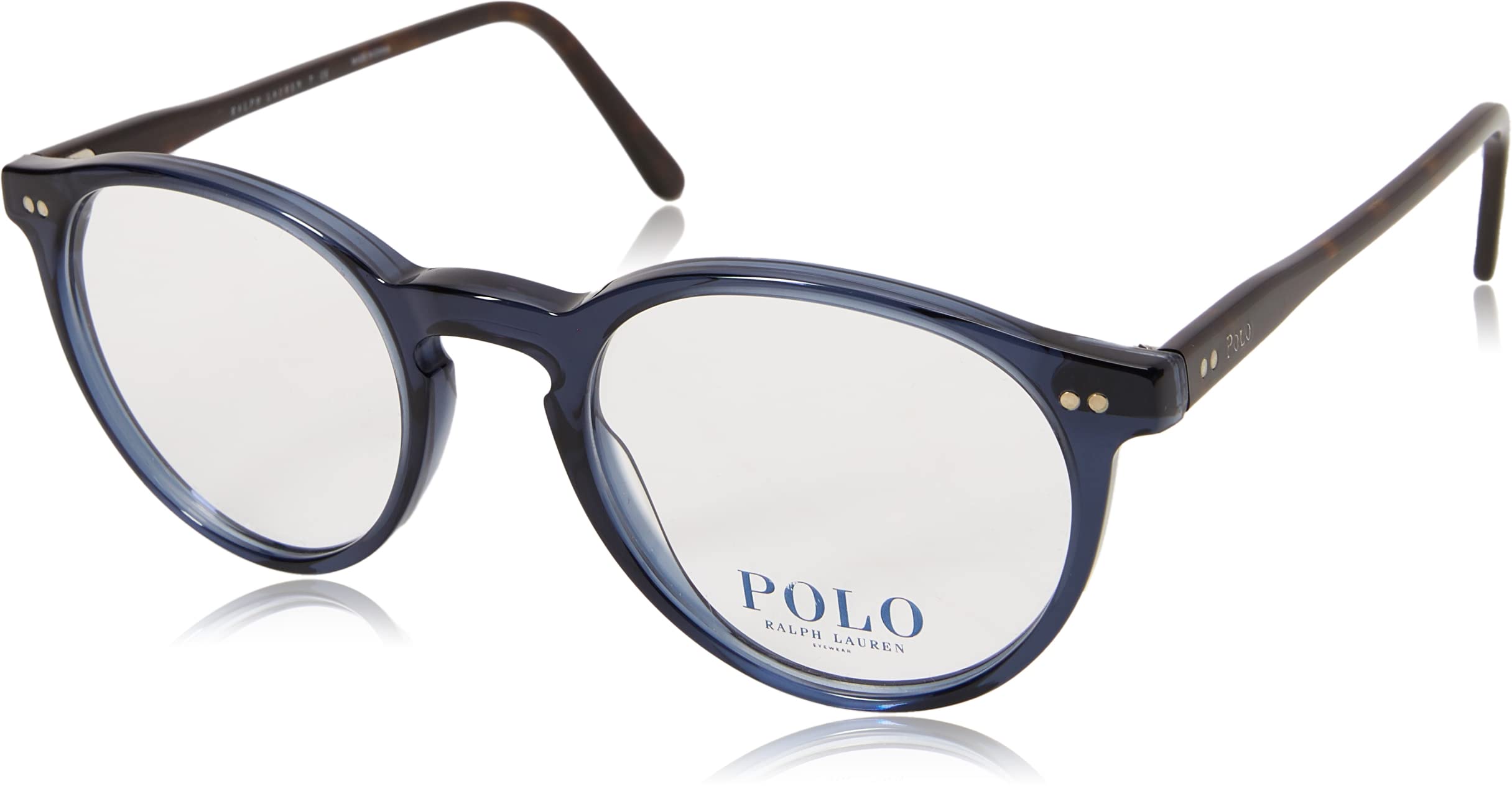 Polo Ralph Lauren Men's PH2083 Round Prescription Eyewear Frames, Shiny Transparent Blue/Demo Lens, 48 mm