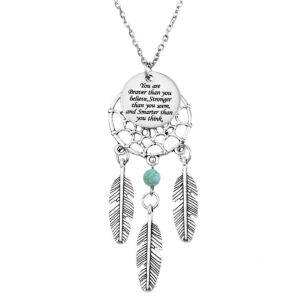 mjartoria women's dangling feather charms filigree tribal dreamcatcher pendant chain necklace (silver)