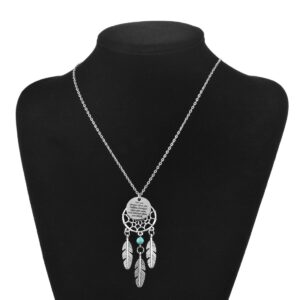 MJartoria Women's Dangling Feather Charms Filigree Tribal Dreamcatcher Pendant Chain Necklace (Silver)