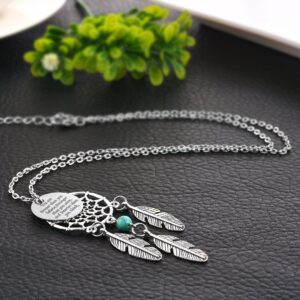 MJartoria Women's Dangling Feather Charms Filigree Tribal Dreamcatcher Pendant Chain Necklace (Silver)