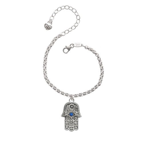 Delight Jewelry Silvertone Hamsa Hand with Blue Crystal - Charm Bracelet, 8"