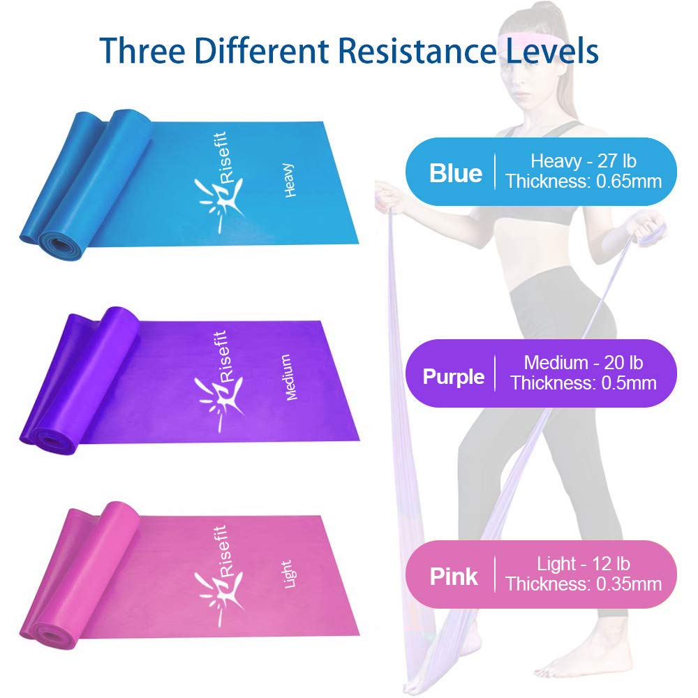 Therapy Flat Resistance Bands Set, Latex Free Flat Elastic Exercise Stretch Bands for Stretching, Flexibility, Pilates, Yoga, Ballet, Gymnastics, Rehab, Workout, Pink, Purple, Blue (3 Pack, 5 FT long)