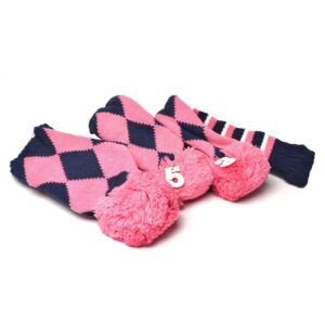 gooaction 3pcs knitted golf head covers 1-3-5 for driver and fairway woods with long neck design vintage argyle navy blue and pink sock pom pom golf club head covers set