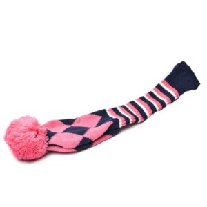 GOOACTION 3PCS Knitted Golf Head Covers 1-3-5 for Driver and Fairway Woods with Long Neck Design Vintage Argyle Navy Blue and Pink Sock Pom Pom Golf Club Head Covers Set