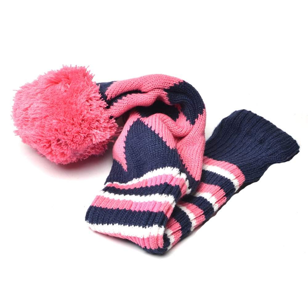 GOOACTION 3PCS Knitted Golf Head Covers 1-3-5 for Driver and Fairway Woods with Long Neck Design Vintage Argyle Navy Blue and Pink Sock Pom Pom Golf Club Head Covers Set