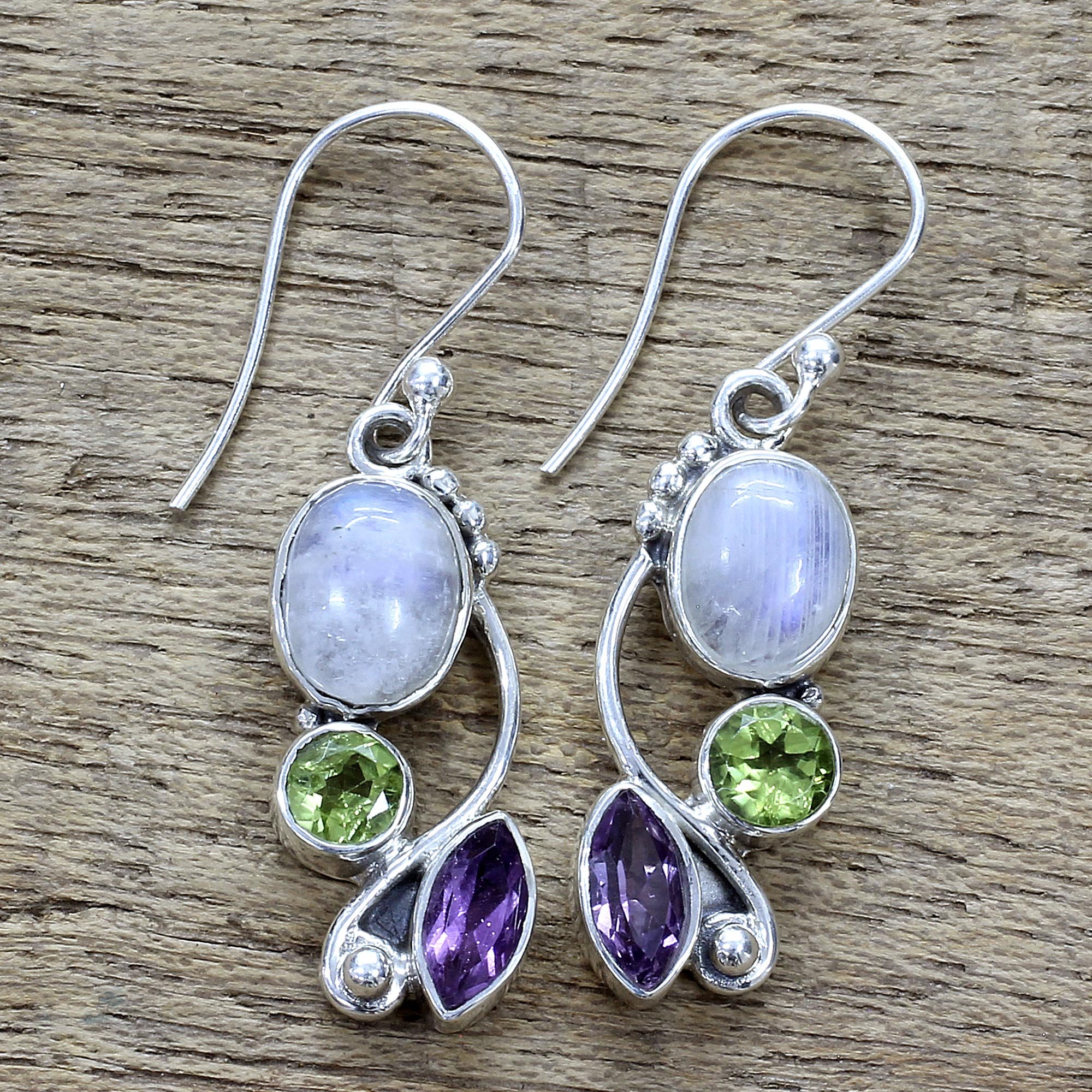 NOVICA Artisan Handcrafted Multigemstone Dangle Earrings | .925 Sterling Silver Handmade Dangle Earrings | Rainbow Moonstone Clear Green Multicolor Purple Dangle Earring | Natural Glamour Themed