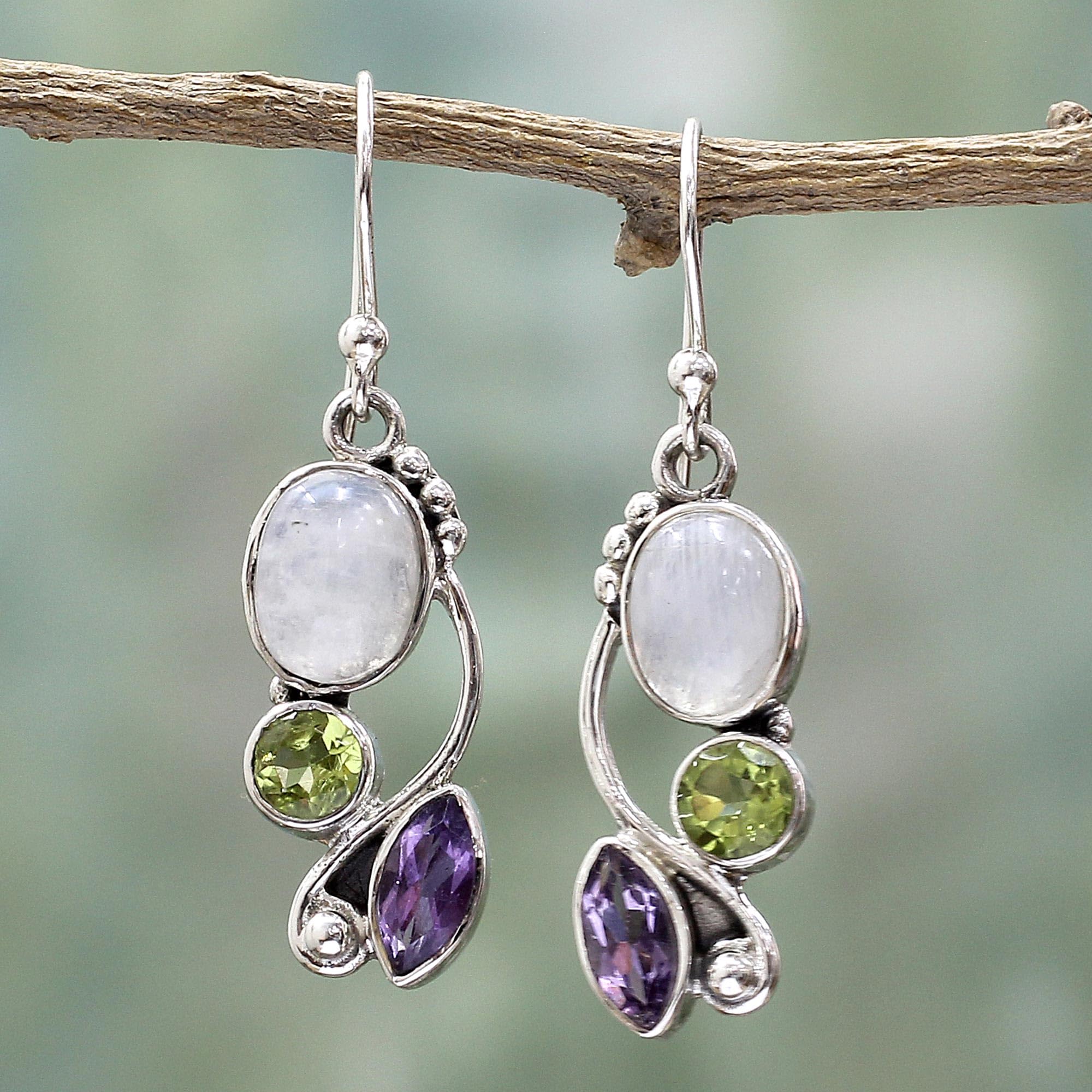 NOVICA Artisan Handcrafted Multigemstone Dangle Earrings | .925 Sterling Silver Handmade Dangle Earrings | Rainbow Moonstone Clear Green Multicolor Purple Dangle Earring | Natural Glamour Themed