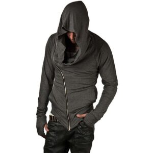 zuevi men's hoodies cool side zipper assassin's robe jacket cosplay hooded sweatshirts (grey-m)