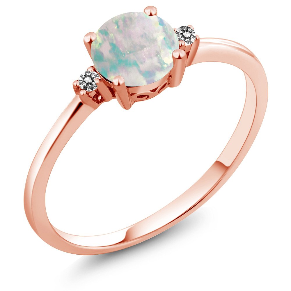 Gem Stone King 10K Rose Gold Simulated White Opal and White Diamond Solitaire Engagement Ring For Women (0.33 Cttw, Round Cabochon 6MM, Gemstone October Birthstone, Size 7)