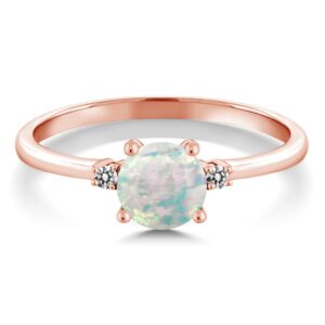 Gem Stone King 10K Rose Gold Simulated White Opal and White Diamond Solitaire Engagement Ring For Women (0.33 Cttw, Round Cabochon 6MM, Gemstone October Birthstone, Size 7)