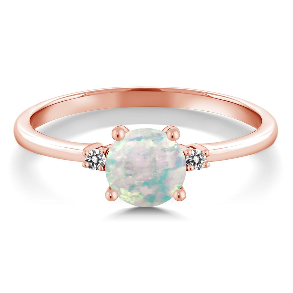 Gem Stone King 10K Rose Gold Simulated White Opal and White Diamond Solitaire Engagement Ring For Women (0.33 Cttw, Round Cabochon 6MM, Gemstone October Birthstone, Size 7)