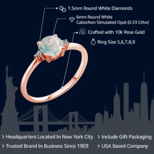 Gem Stone King 10K Rose Gold Simulated White Opal and White Diamond Solitaire Engagement Ring For Women (0.33 Cttw, Round Cabochon 6MM, Gemstone October Birthstone, Size 7)