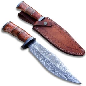 jnr traders fixed blade knife, full tang damascus knife for hunting camping survival, bowie knife with leather sheath 0077