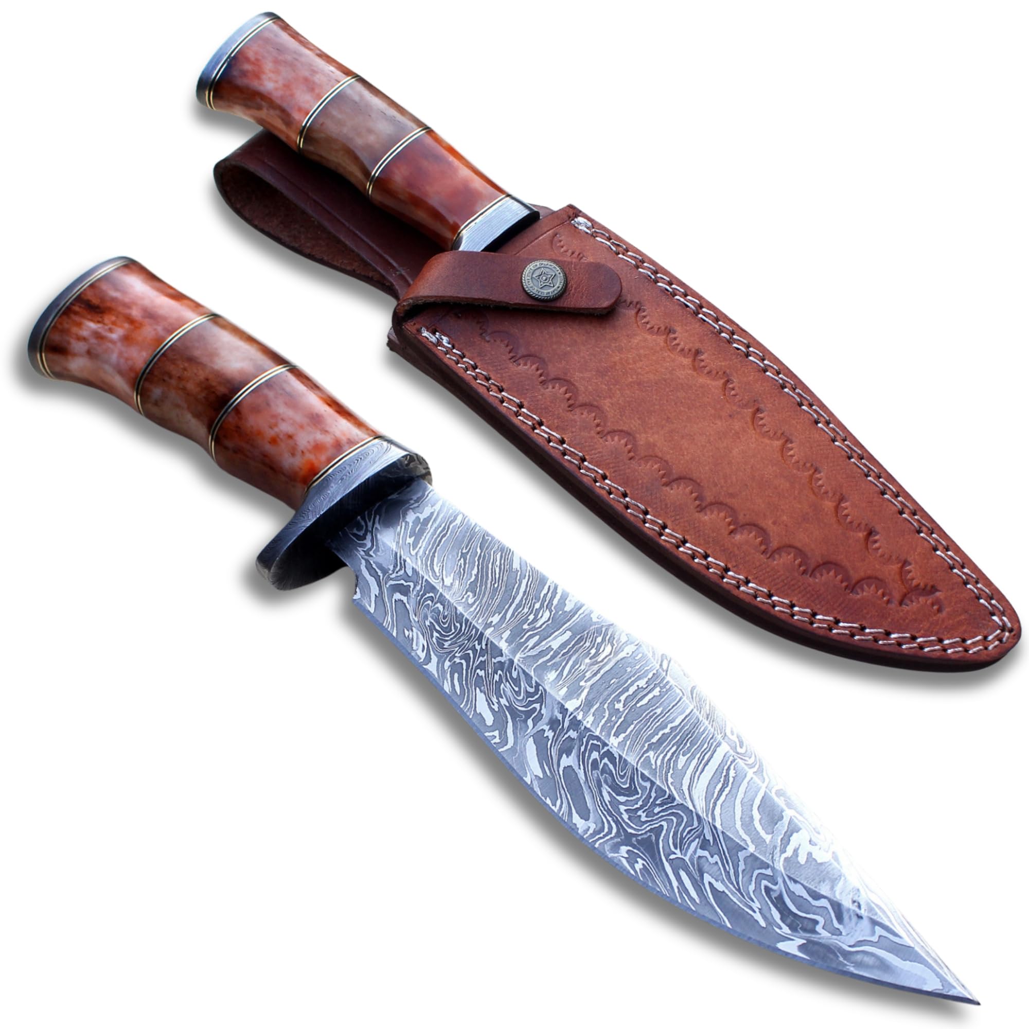 JNR Traders Fixed Blade Knife, Full Tang Damascus Knife for Hunting Camping Survival, Bowie Knife with Leather Sheath 0077