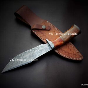 JNR Traders Fixed Blade Knife, Full Tang Damascus Knife for Hunting Camping Survival, Bowie Knife with Leather Sheath 0077