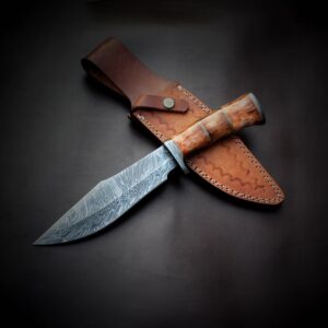 JNR Traders Fixed Blade Knife, Full Tang Damascus Knife for Hunting Camping Survival, Bowie Knife with Leather Sheath 0077