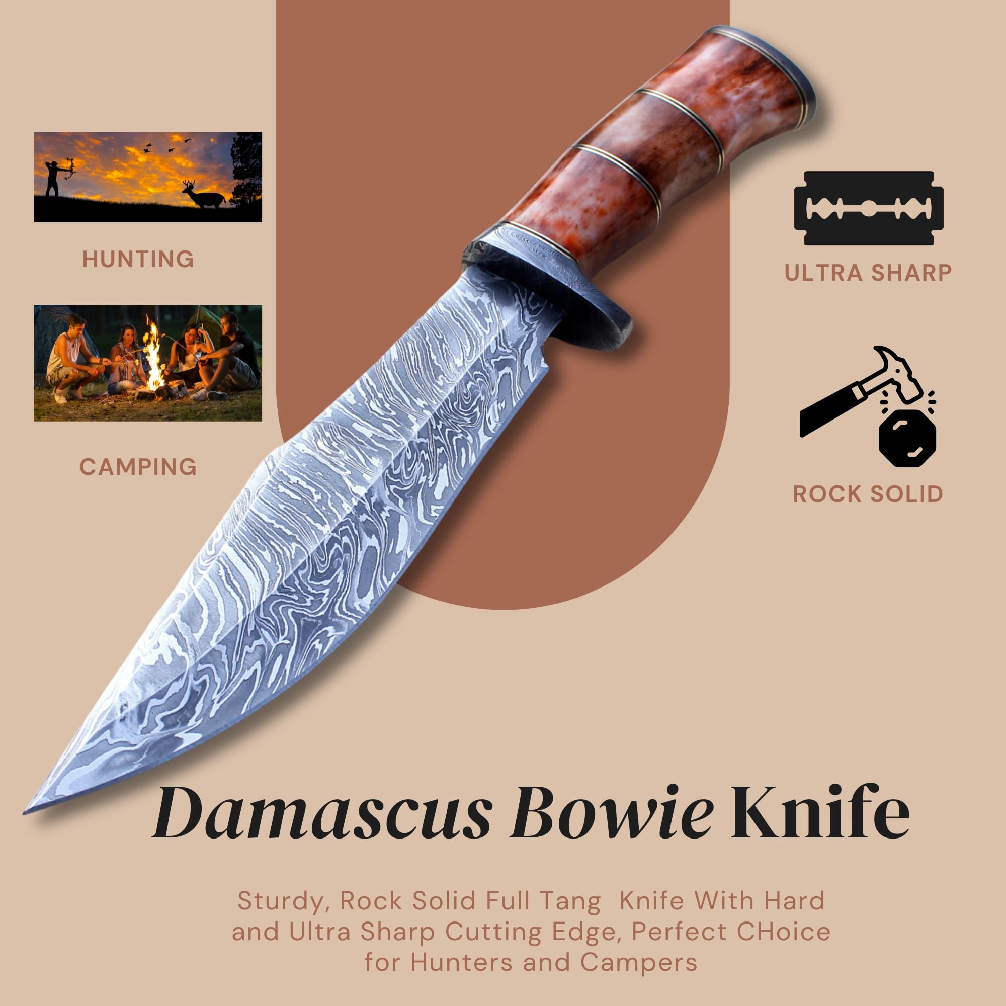 JNR Traders Fixed Blade Knife, Full Tang Damascus Knife for Hunting Camping Survival, Bowie Knife with Leather Sheath 0077