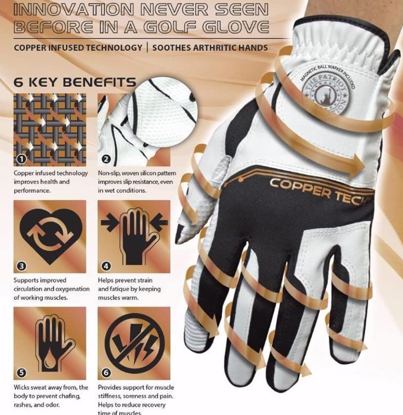 Copper Tech Gloves Men's Golf Glove with All Weather Honeycomb Grip, One Size, White/Black