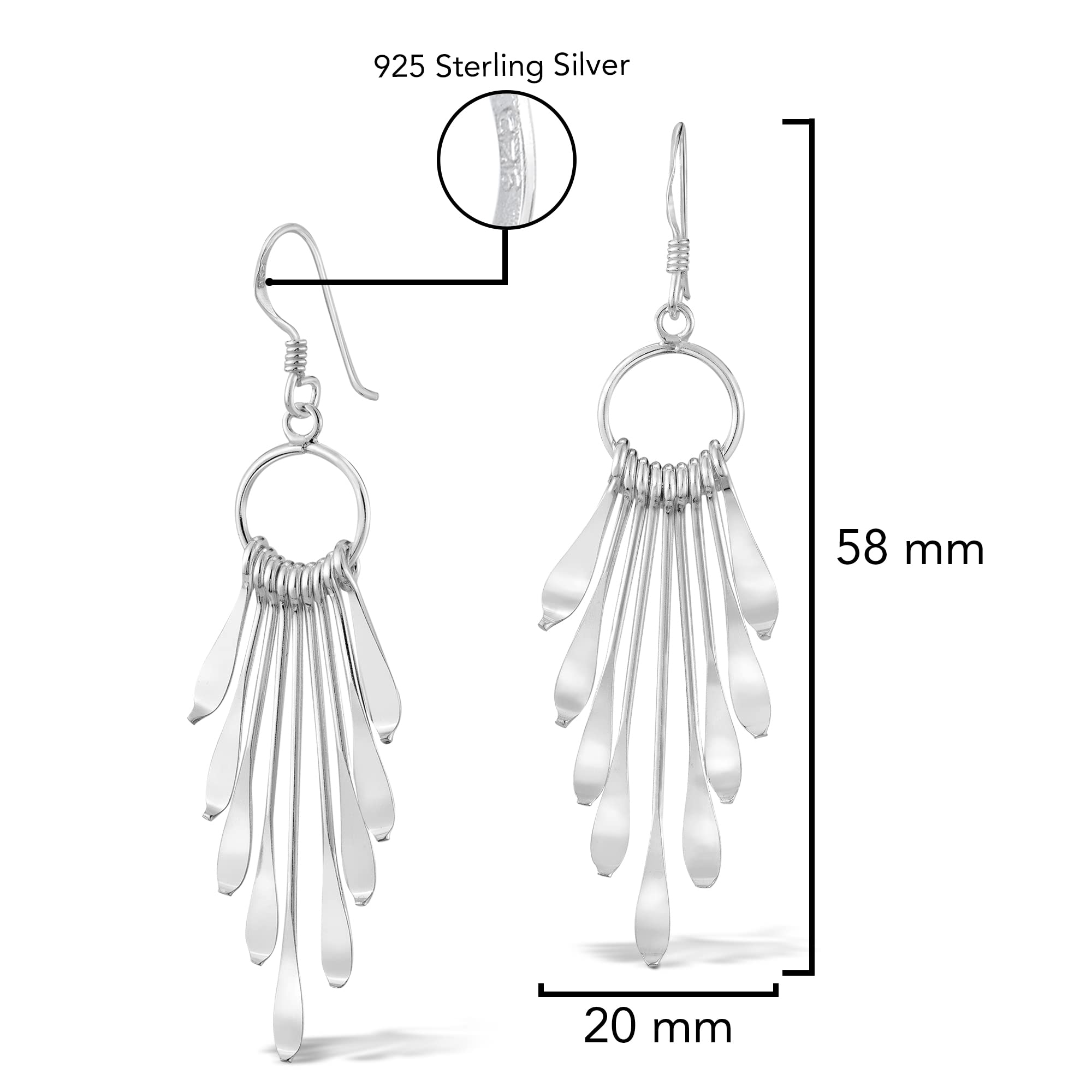 AeraVida Shimmering Fan Statement Sterling Silver Dangle Boho Earrings, 0.79x2.28 in