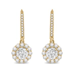 everyday elegance 14k solid yellow gold leverback earrings round "halo" cubic zirconia drop dangle basket setting 2.0 ctw with gift box