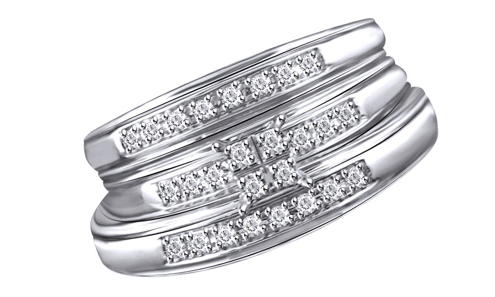 Jewel Zone US White Natural Diamond Wedding & Engagement Trio Bridal Ring Set in 10K Solid White Gold (0.2 Carat)