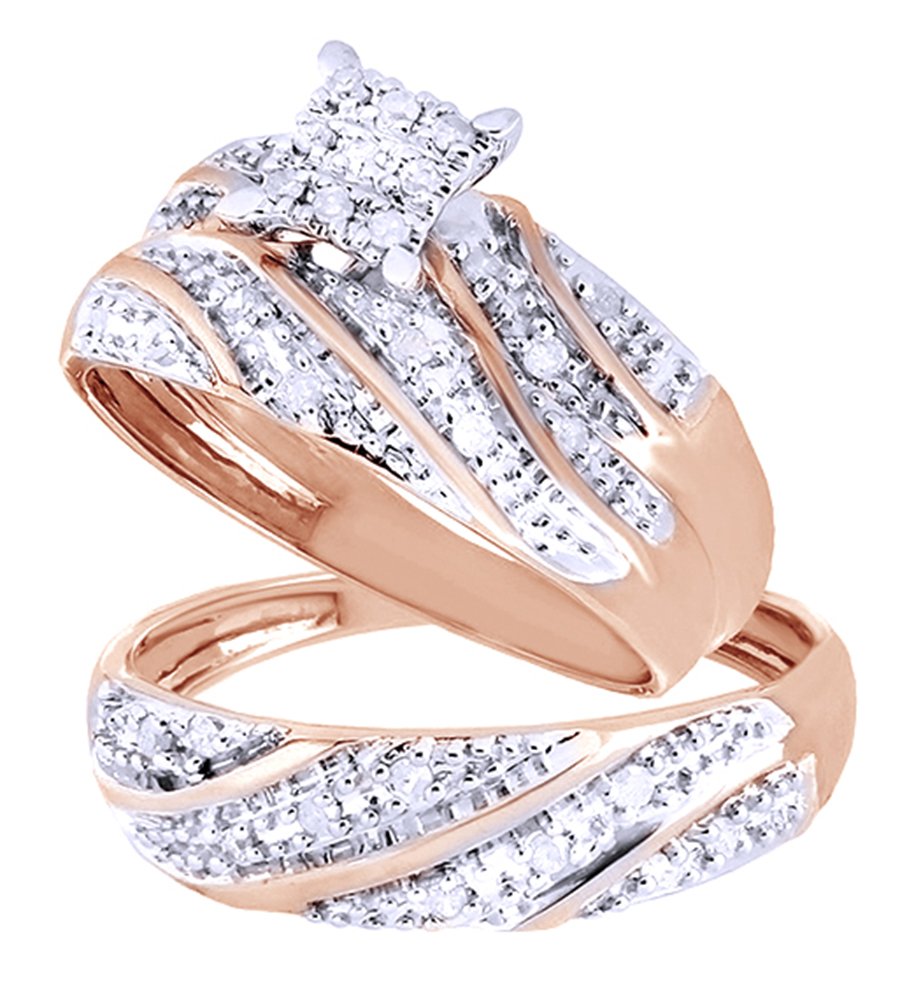 Jewel Zone US White Natural Diamond Engagement & Wedding Trio Band Ring Set in 10k Solid Rose Gold (0.27 Carat)