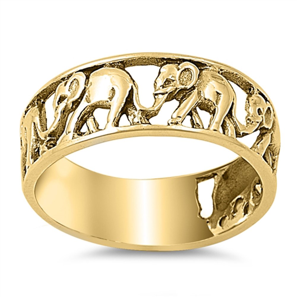 Gold-Tone Elephant Circus Statement Ring .925 Sterling Silver Band Size 10