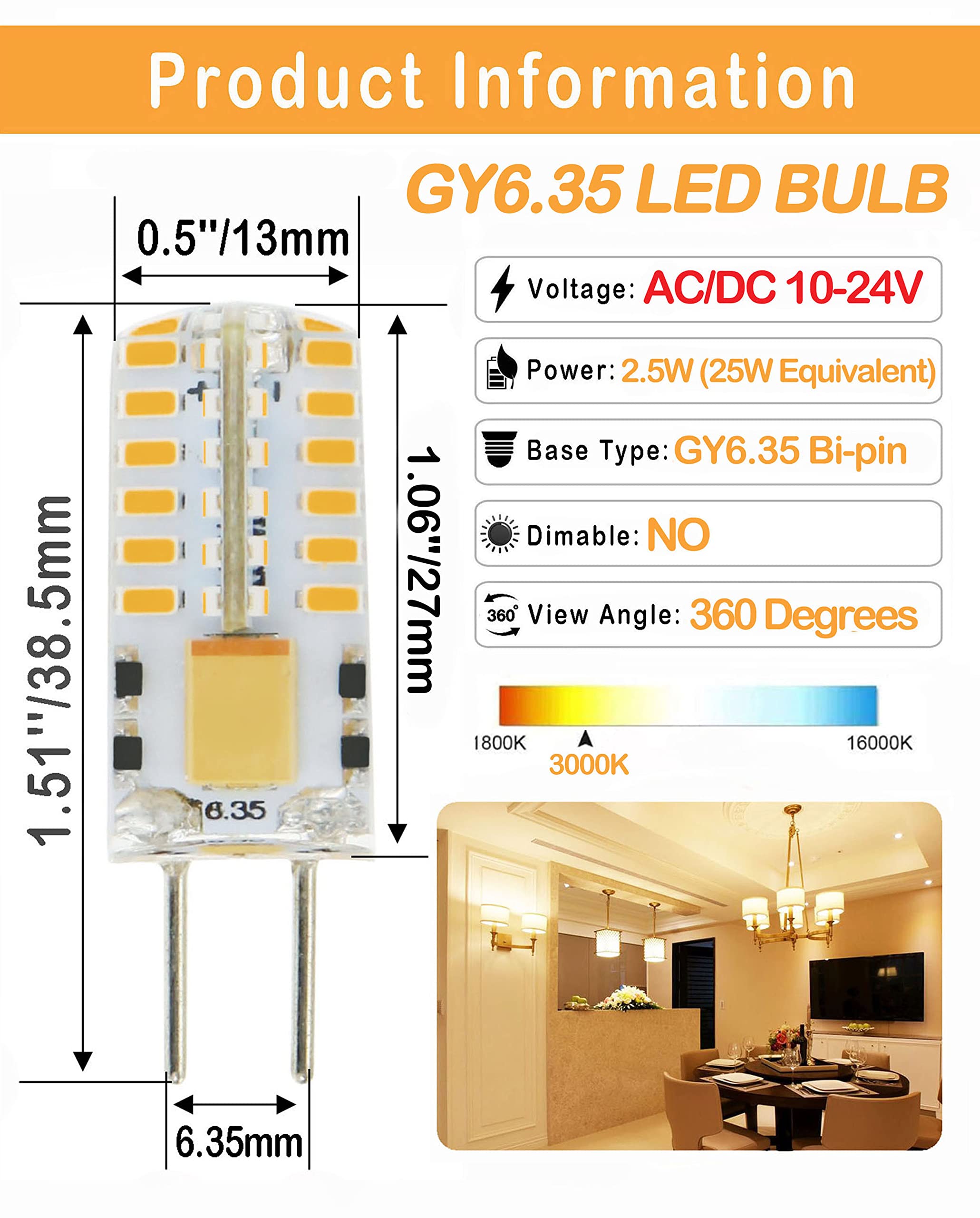 Lamsky G6.35 GY6.35 Bi-Pin Base LED Bulb 12V/24V 2.5 Watt Warm White 3000K Non-dimmable 30W Equivalent(4-Pack)