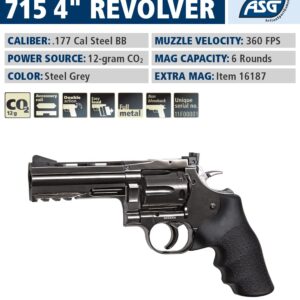 ASG Dan Wesson 715 Revolver 4" 0.177/4.5mm Caliber BB Gun, Steel Grey