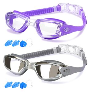 cooloo swim goggles men, 2 pack swimming goggles for women kids adult anti-fog, purple & gray