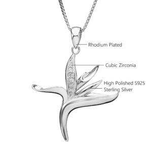 Aloha Jewelry Company 925 Sterling Silver Hawaiian Bird of Paradise Tropical Plant with Cubic Zirconia Pendant with 18" Box Chain, Nickle Free Hypoallergenic for Sensitive Skin, Gift Box Included