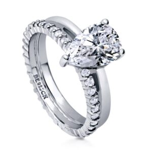 berricle sterling silver solitaire wedding engagement rings 1.8 carat pear cut cubic zirconia cz ring set for women, rhodium plated size 7