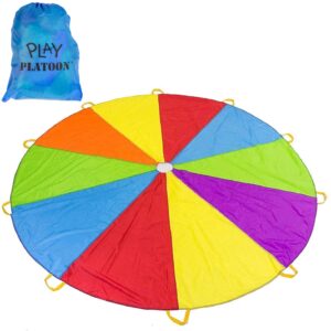 play platoon rainbow parachute toy for kids, 12 ft play parachute game for kids with 16 handles, parachute for kids, pe equipment for elementary school gym class, backyard/indoor play equipment