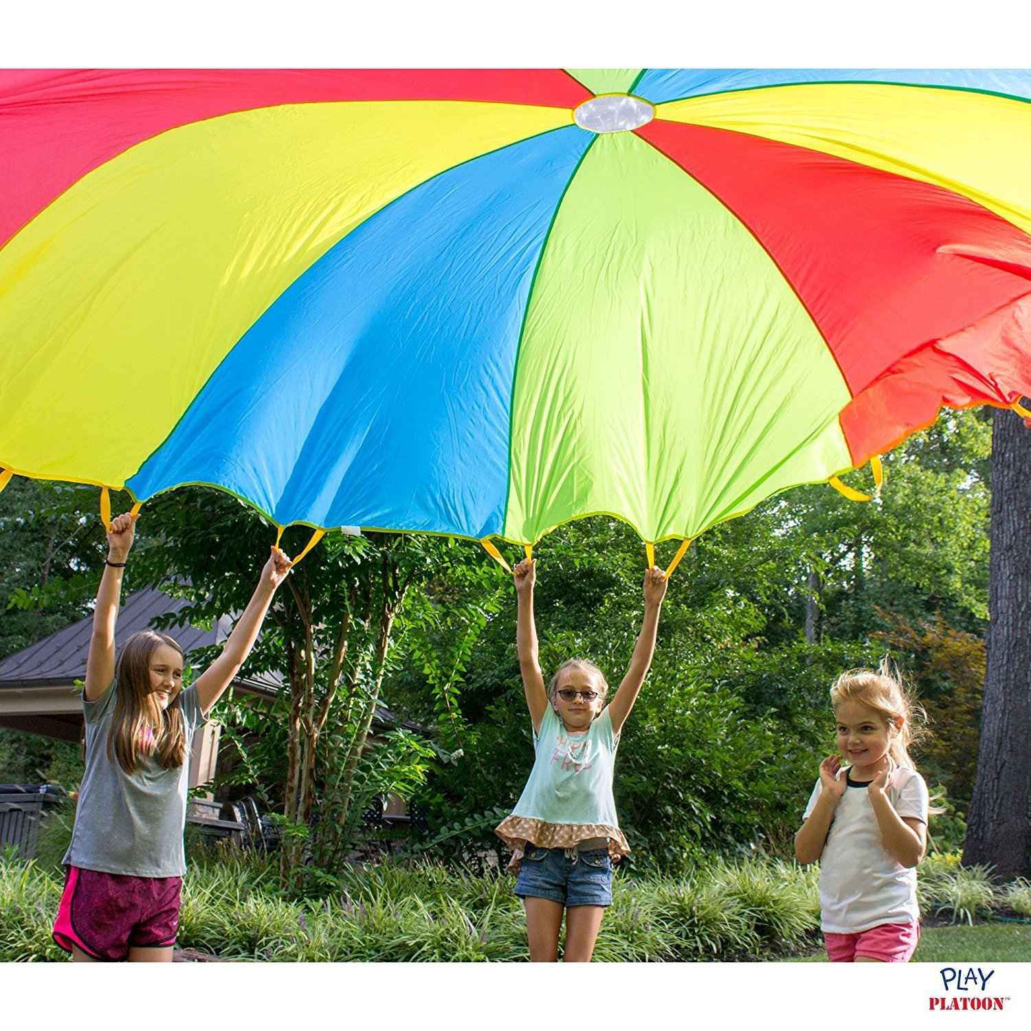 Play Platoon Rainbow Parachute Toy for Kids, 12 ft Play Parachute Game for Kids with 16 Handles, Parachute for Kids, PE Equipment for Elementary School Gym Class, Backyard/Indoor Play Equipment