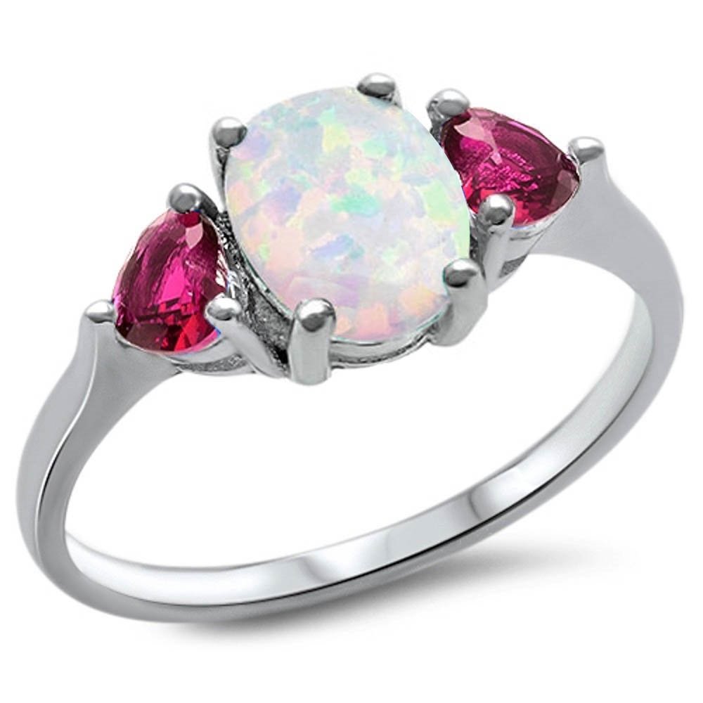 Oxford Diamond Co Sterling Silver Oval Lab Created White Opal & Simulated Ruby Heart Ring Sizes 10