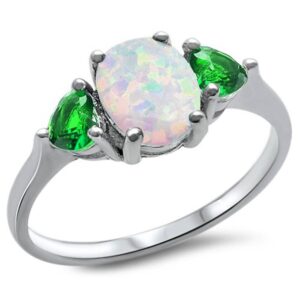 oxford diamond co sterling silver oval lab created white opal & greem emerald heart ring sizes 7