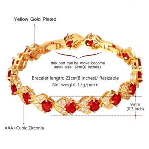 U7 Ruby Tennis Bracelet 18K Gold Plated Wrist Link Red Cubic Zircon Gem Crystal Bracelets for Women Teen Girls, fit Wrist 160-200mm