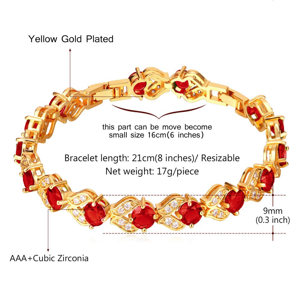 U7 Ruby Tennis Bracelet 18K Gold Plated Wrist Link Red Cubic Zircon Gem Crystal Bracelets for Women Teen Girls, fit Wrist 160-200mm