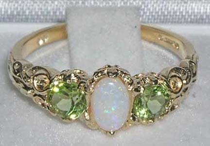 LetsBuyGold 10k Yellow Gold Natural Opal & Peridot Womens Trilogy Ring - Size 4.75