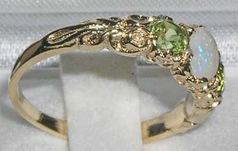 LetsBuyGold 10k Yellow Gold Natural Opal & Peridot Womens Trilogy Ring - Size 4.75