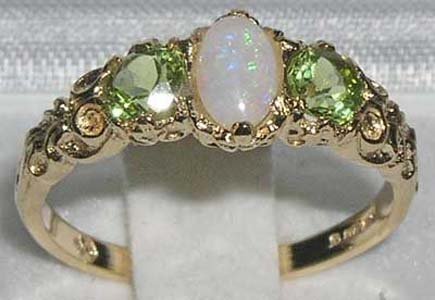 LetsBuyGold 10k Yellow Gold Natural Opal & Peridot Womens Trilogy Ring - Size 4.75